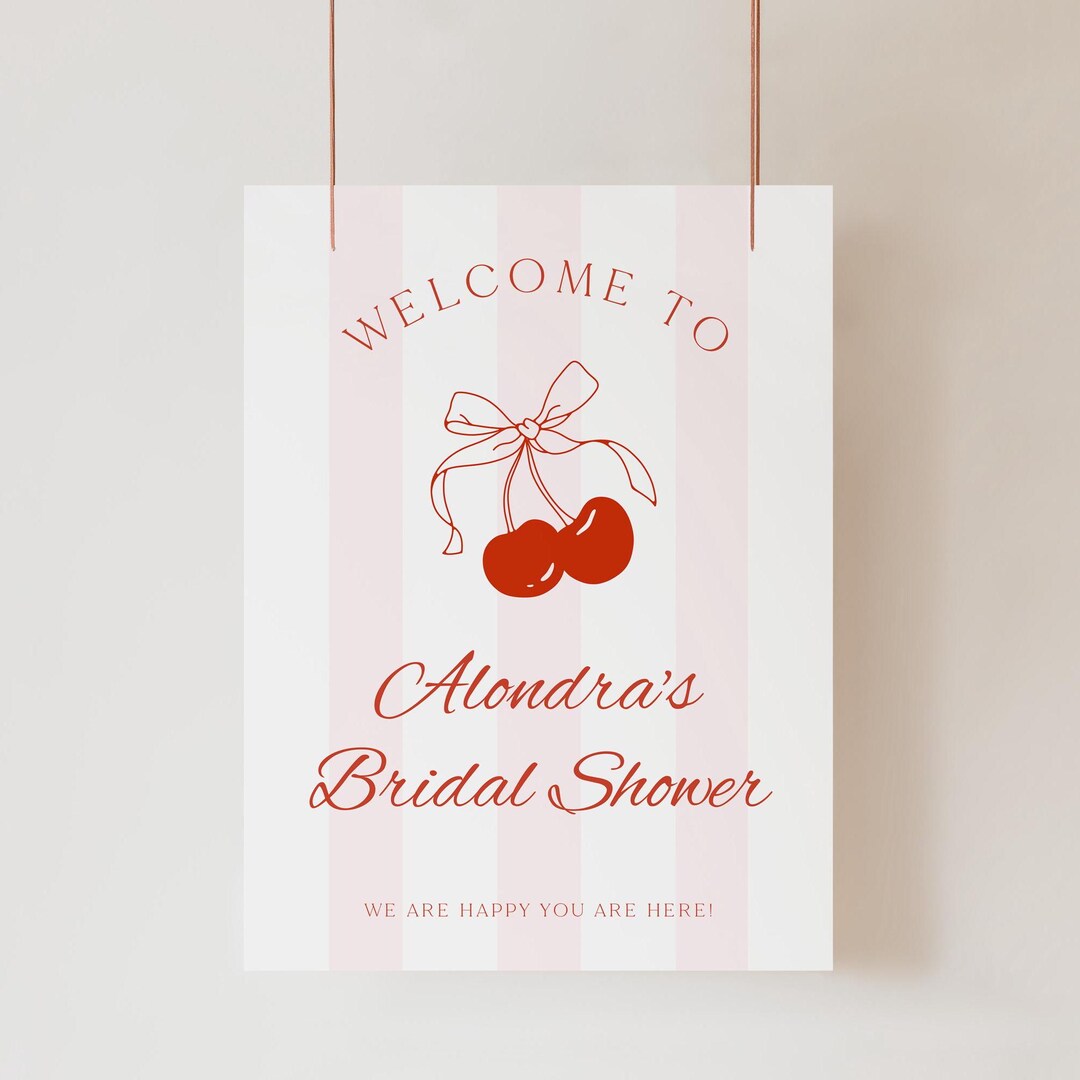 Editable Cherry Welcome Sign Printable Pink and White Stripes Cherry on ...
