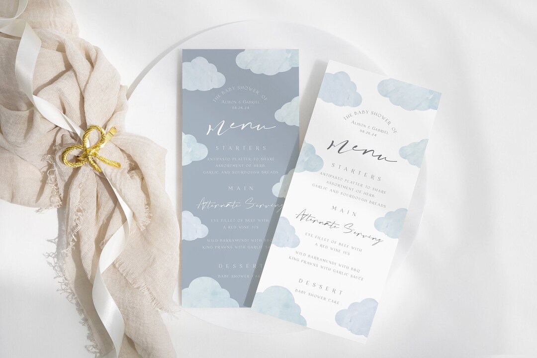 Editable Clouds Baby Menu Card Printable Dusty Blue Template Menu Card ...
