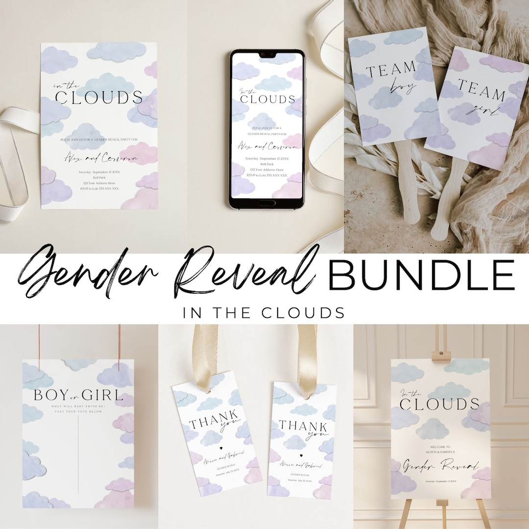 Editable Clouds Gender Reveal Bundle Pink Purple and Blue Clouds ...