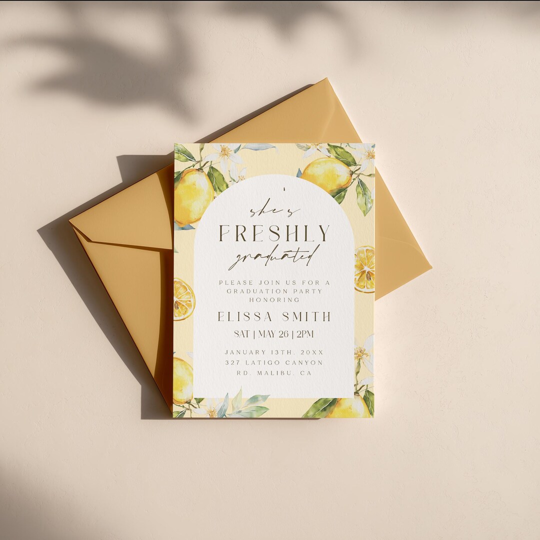 Freshly Graduated Invitation Lemon Citrus Graduation Printable Invite ...