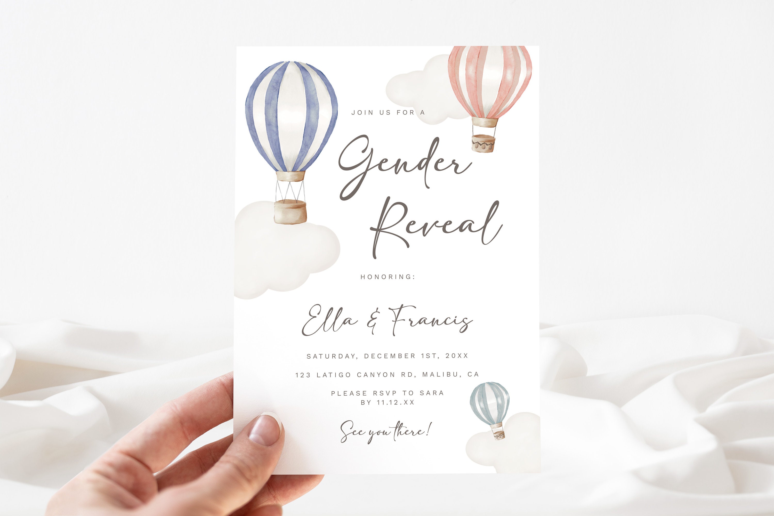 Editable Hot Air Balloons Gender Reveal Evite or Unisex Baby Shower ...