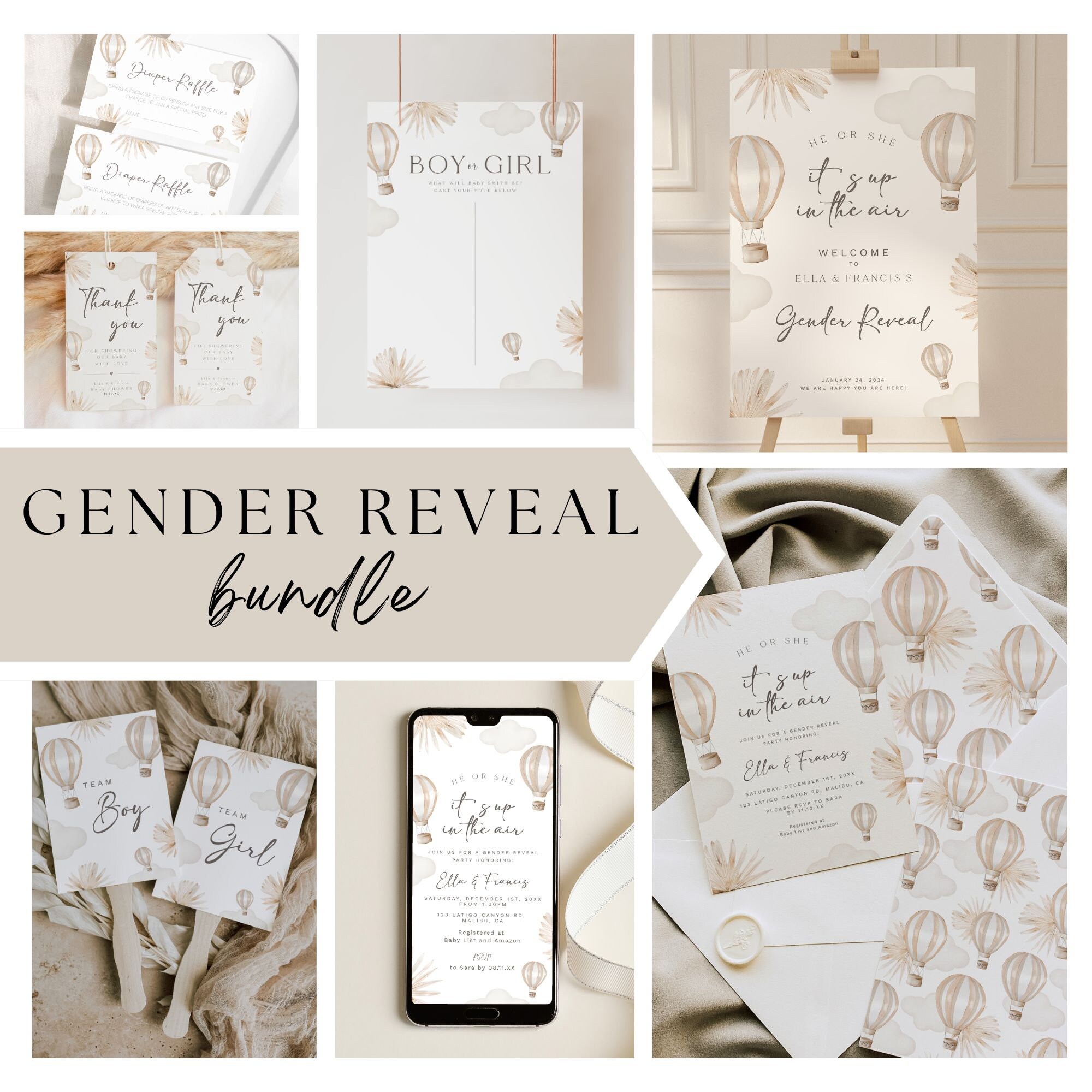 Editable Its up in the Air Gender Reveal Evite Cream Hot Air Balloons ...
