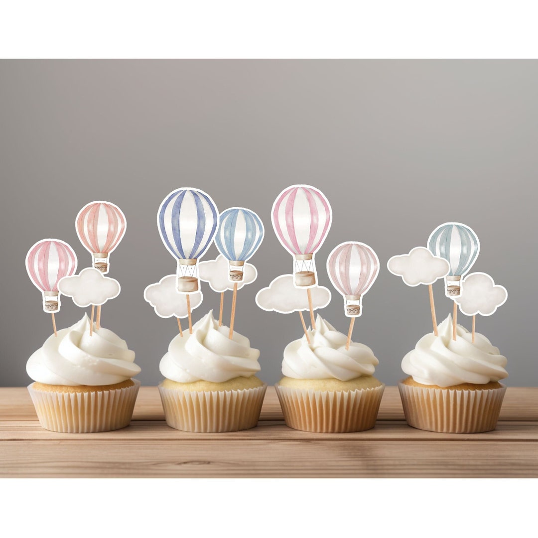 Editable Hot Air Balloons Cupcake Toppers Props for Gender Reveal Baby ...
