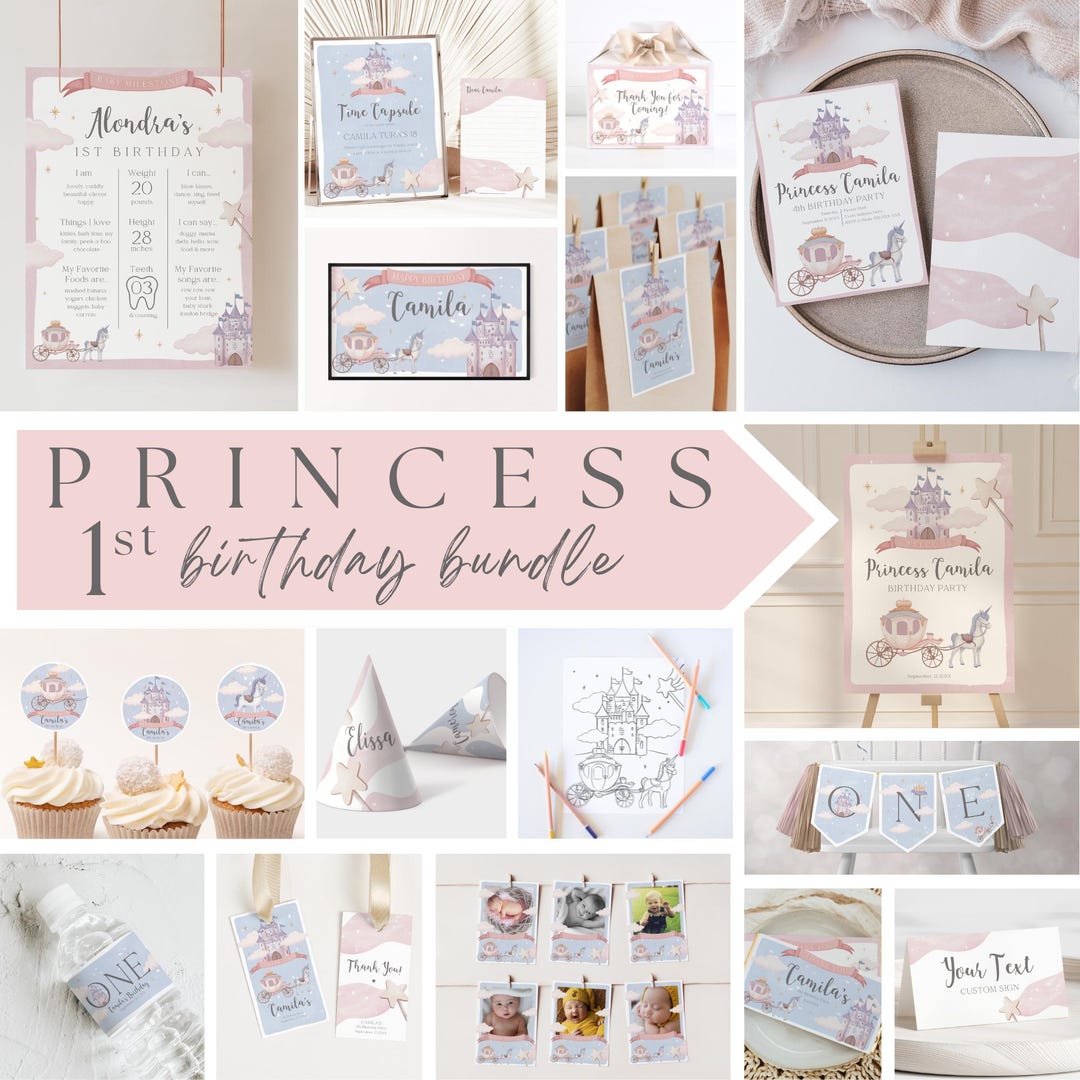 Editable First Birthday Princess Template Bundle Printable Toddler ...