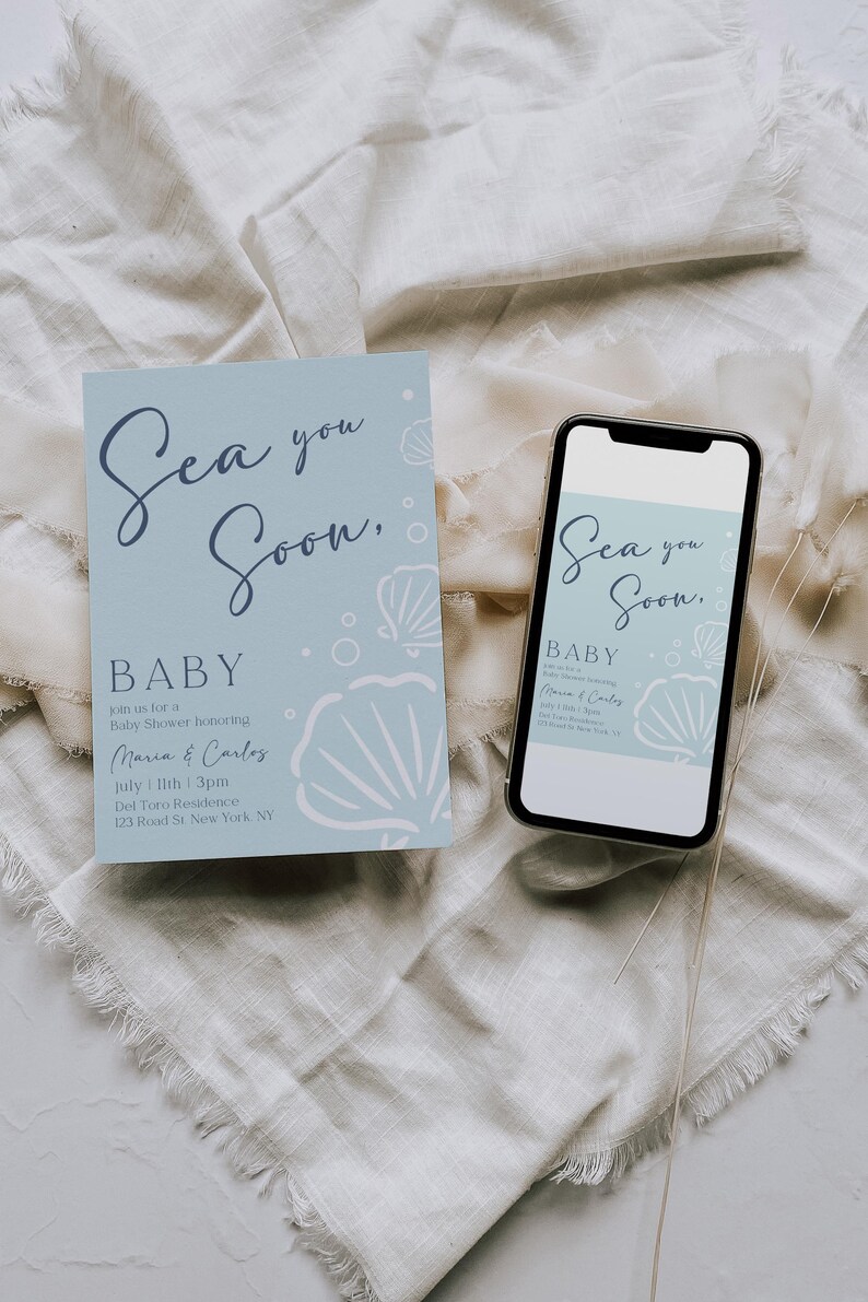 Editable Sea You Soon Baby Shower Invitation Printable Coastal Blue ...