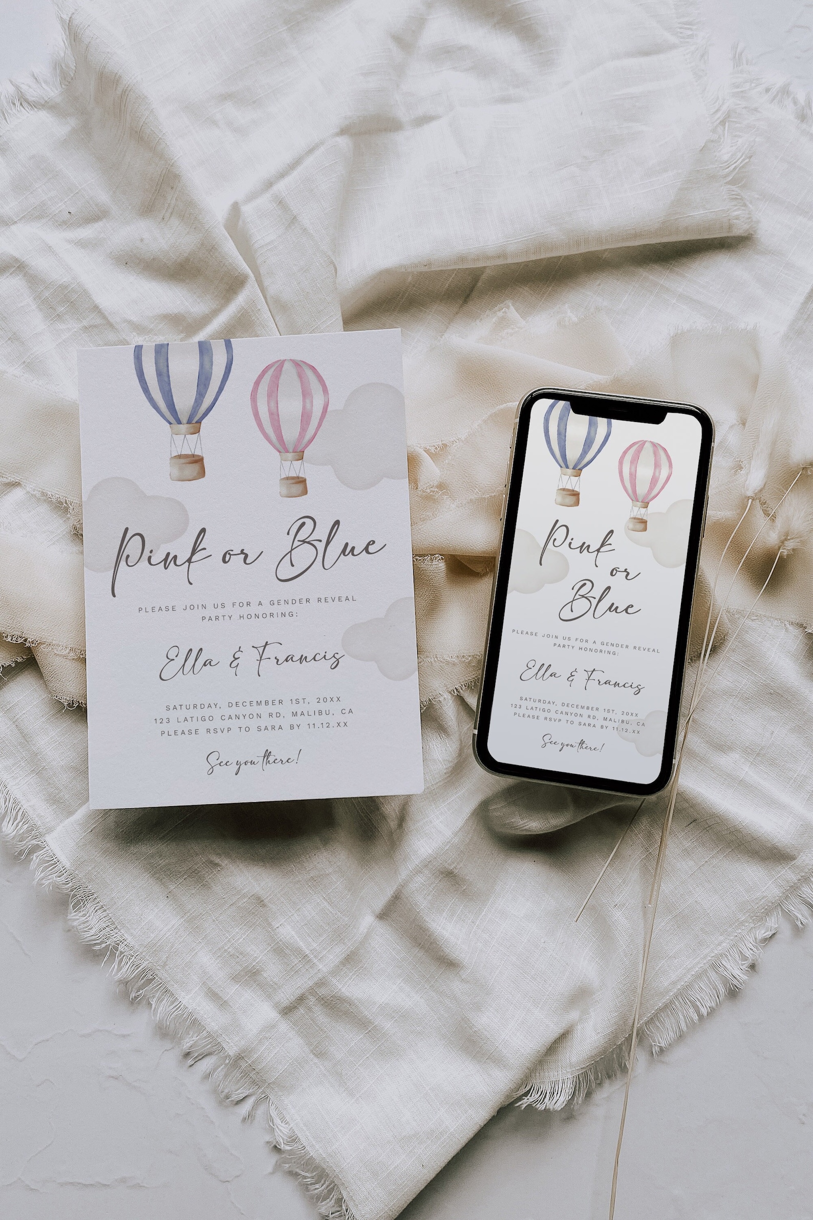 Editable Hot Air Balloons Evite Printable Gender Reveal Invitation Pink ...