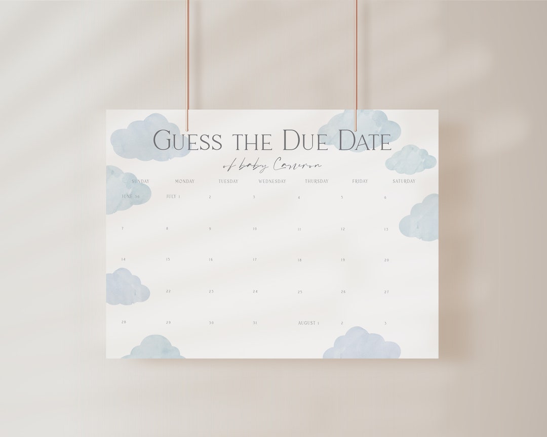 Editable Clouds Baby Shower Guess the Due Date Calendar Printable ...