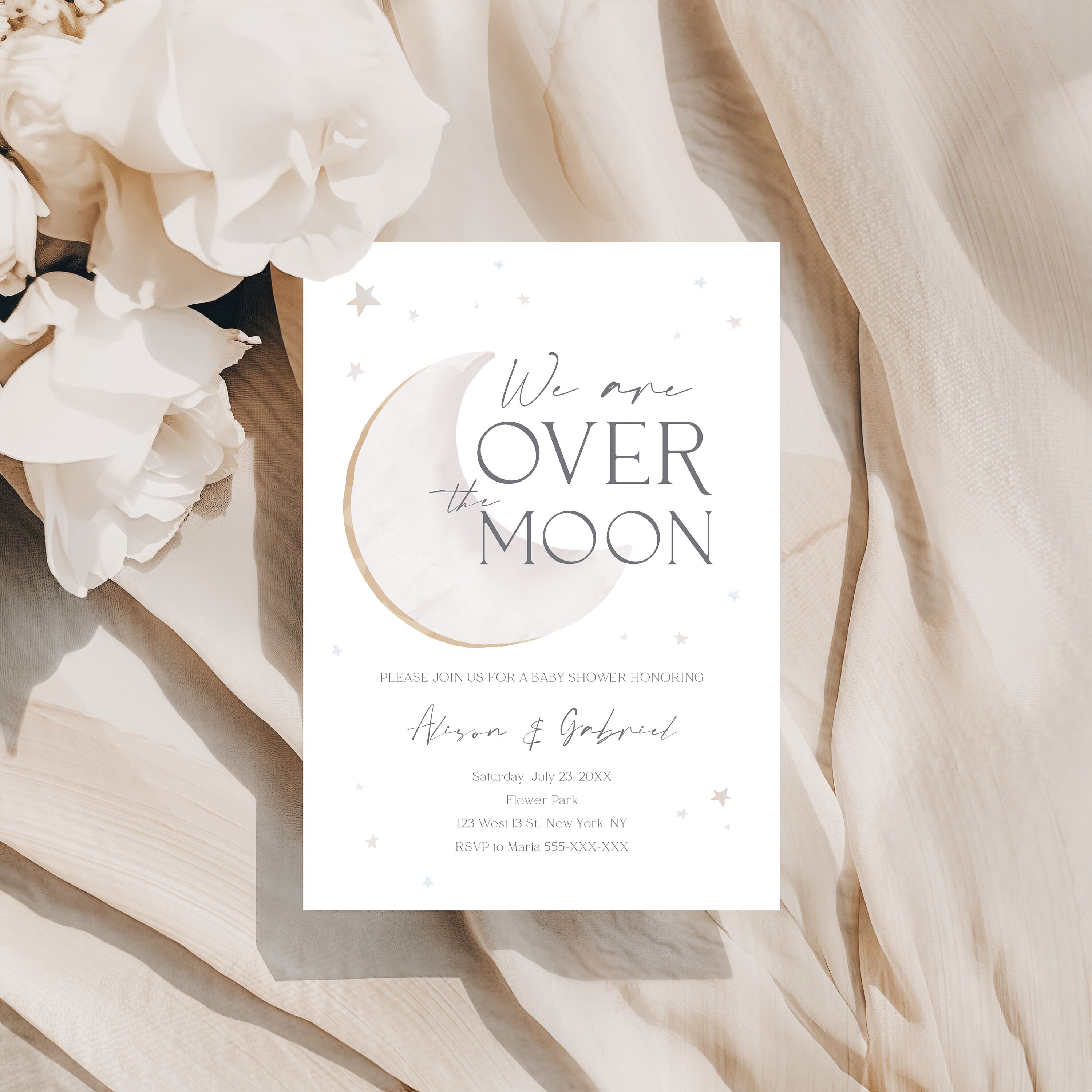 Editable Over the Moon Baby Shower Invitation Printable Half Moon and ...