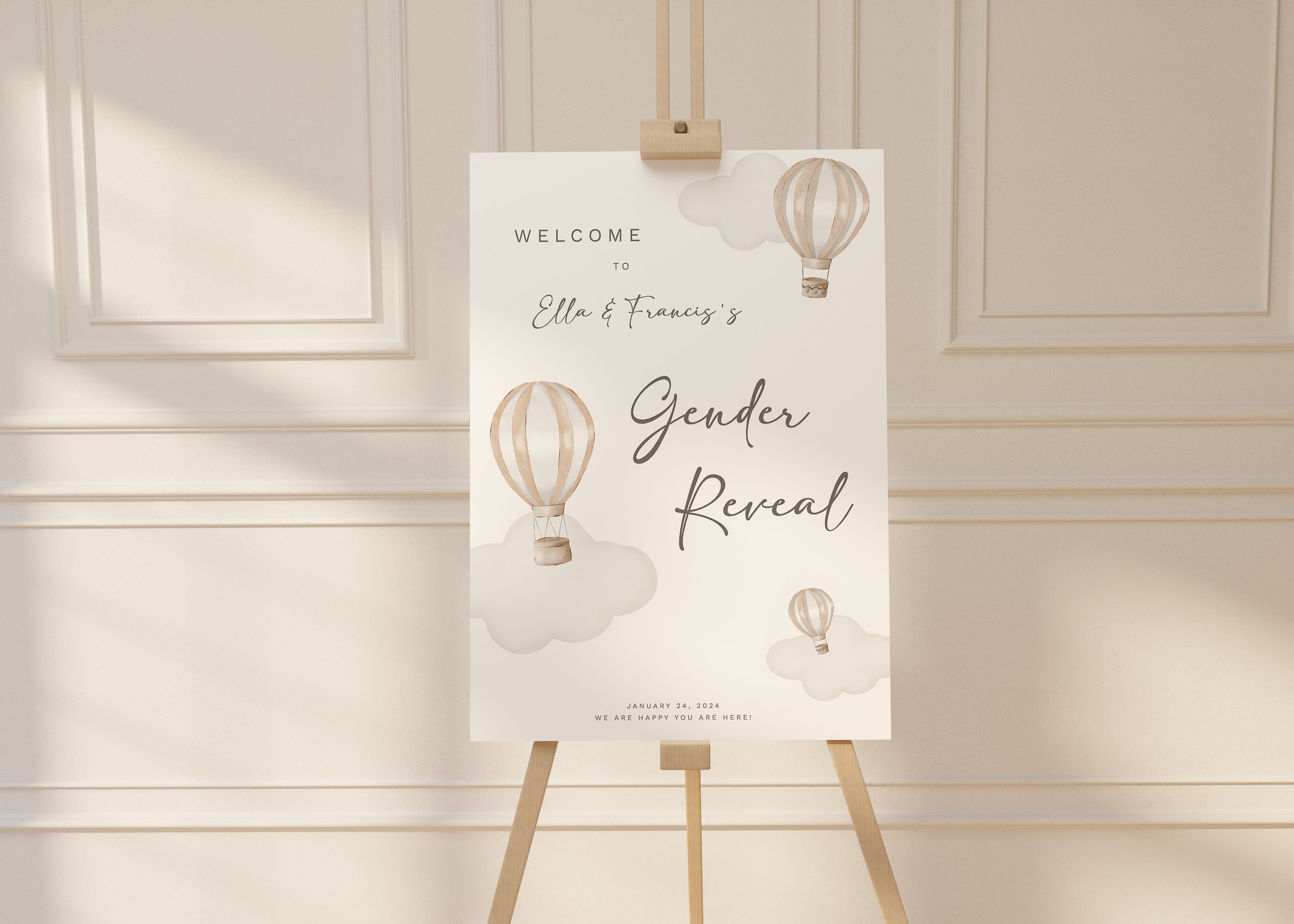 Editable Gender Reveal Welcome Sign Cream Hot Air Balloons Printable ...