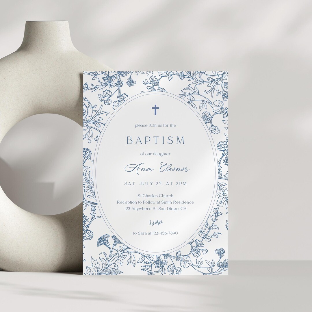 Editable Chinoiserie Baptism Invitation Printable Blue Floral Pattern ...