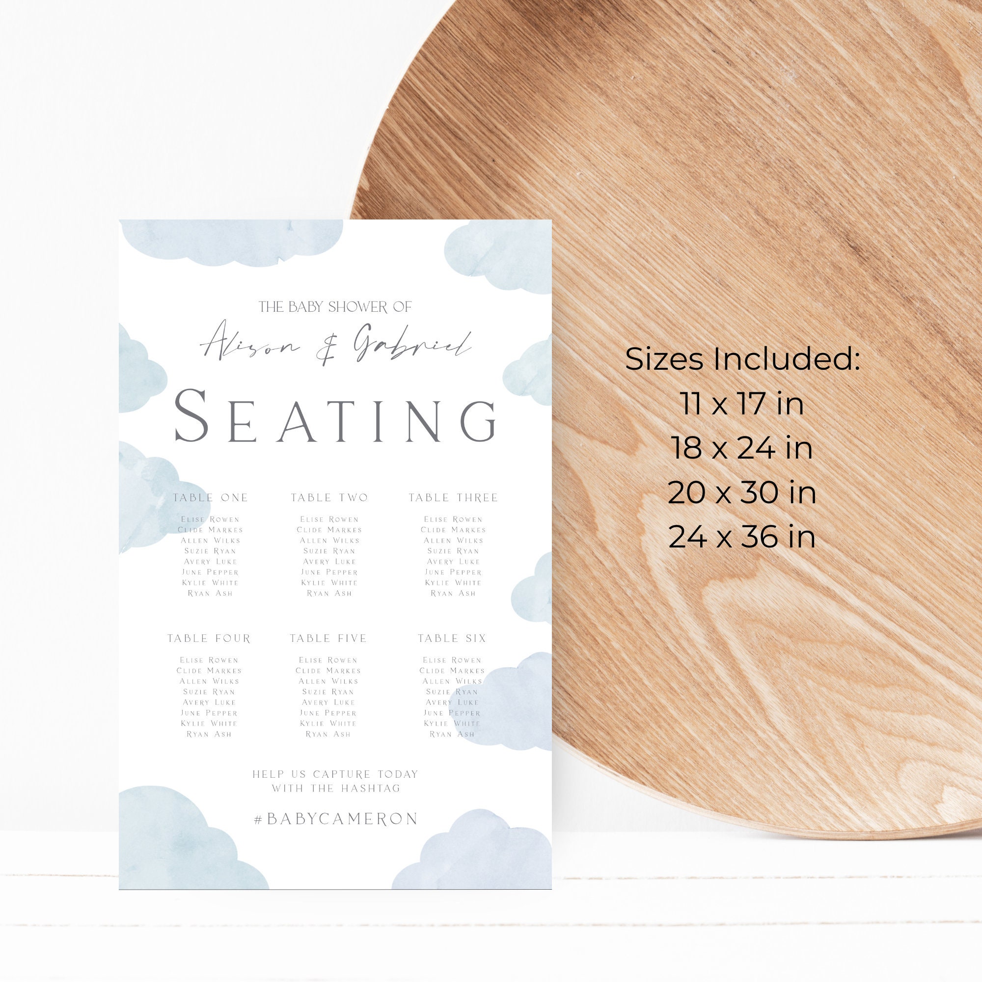 Editable Clouds Baby Shower Seating Chart Printable Sign Dusty Blue Cloud Seating Plan Template ...