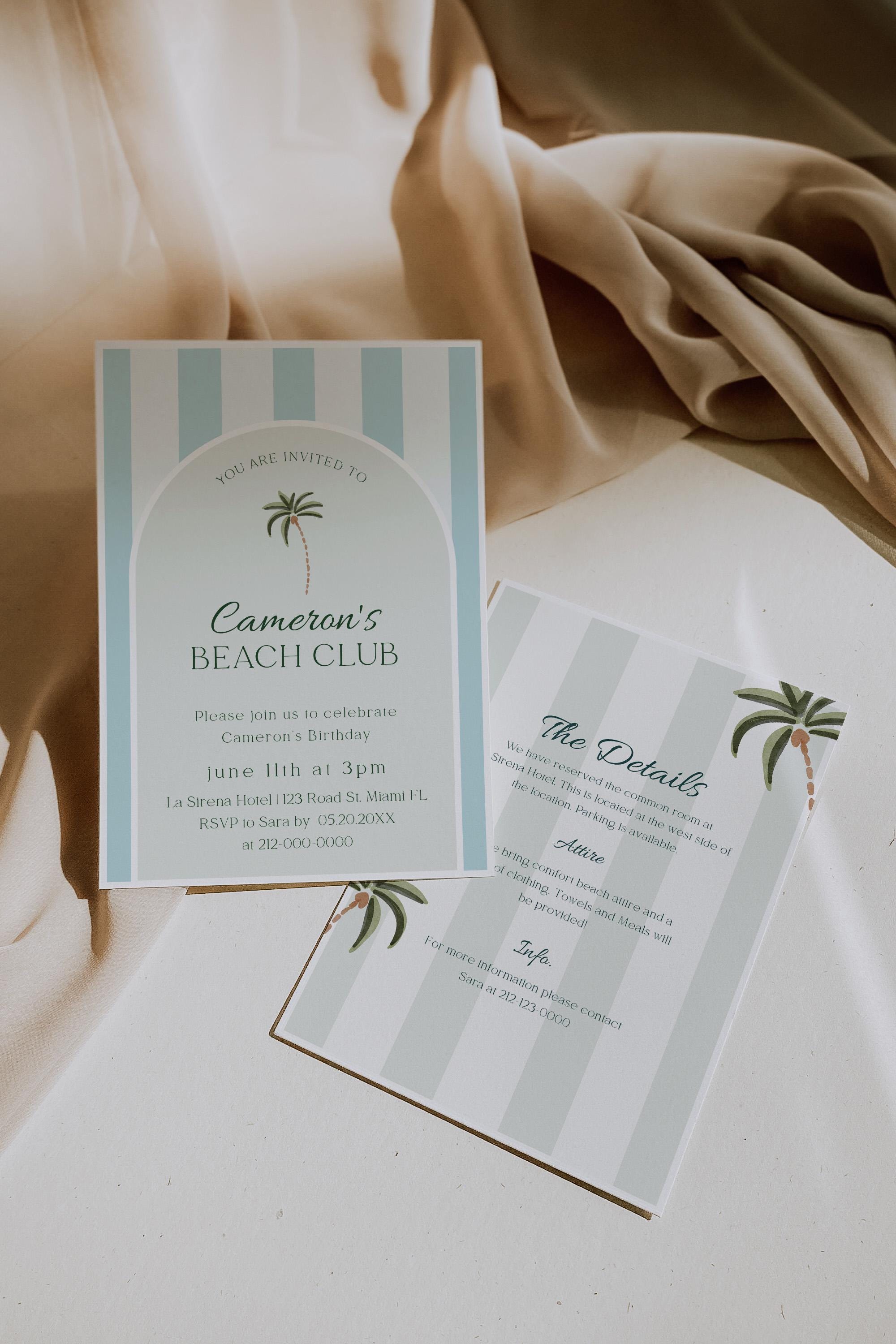 Editable Beach Club Birthday Invitation Printable Cabana Theme Birthday ...