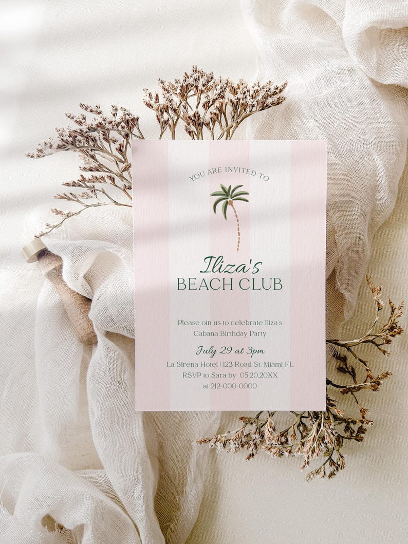 Editable Beach Club Birthday Invitation Printable Cabana Theme Pool ...