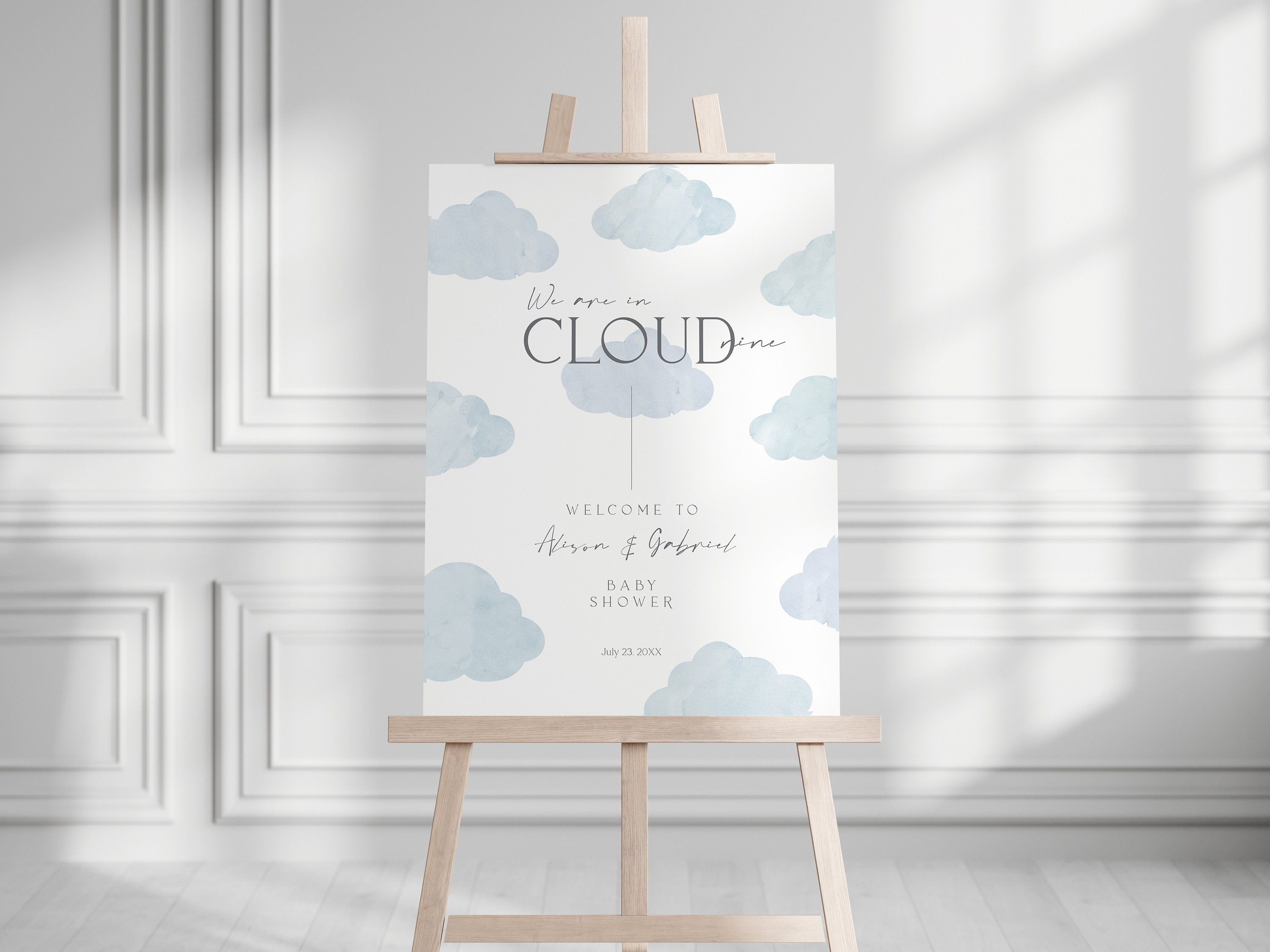 Clouds Baby Shower Welcome Sign Printable Dusty Blue Decorations in the ...
