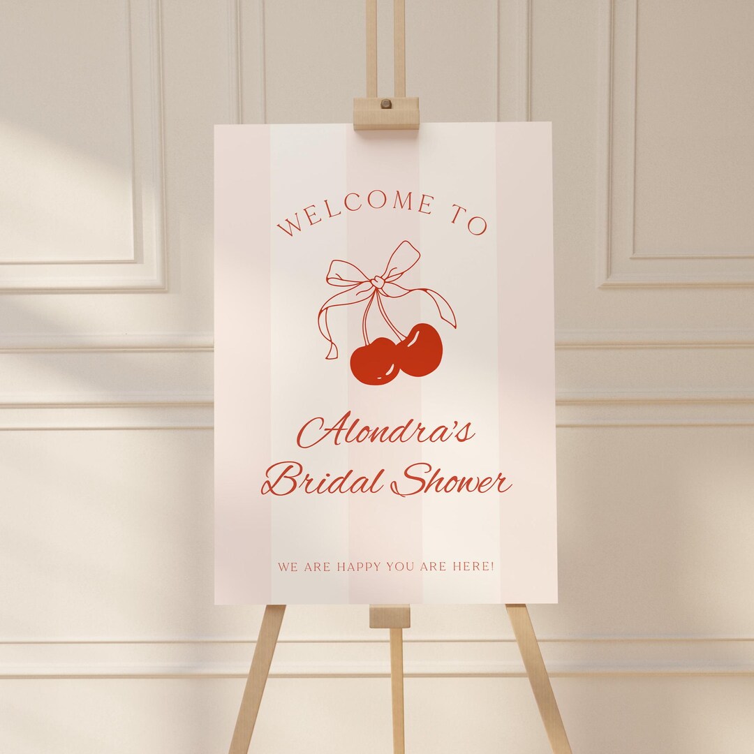 Editable Cherry Welcome Sign Printable Pink and White Stripes Cherry on ...
