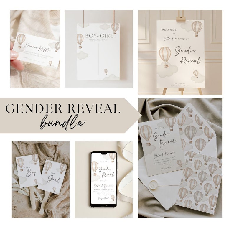 Editable Gender Reveal Welcome Sign Cream Hot Air Balloons Printable ...