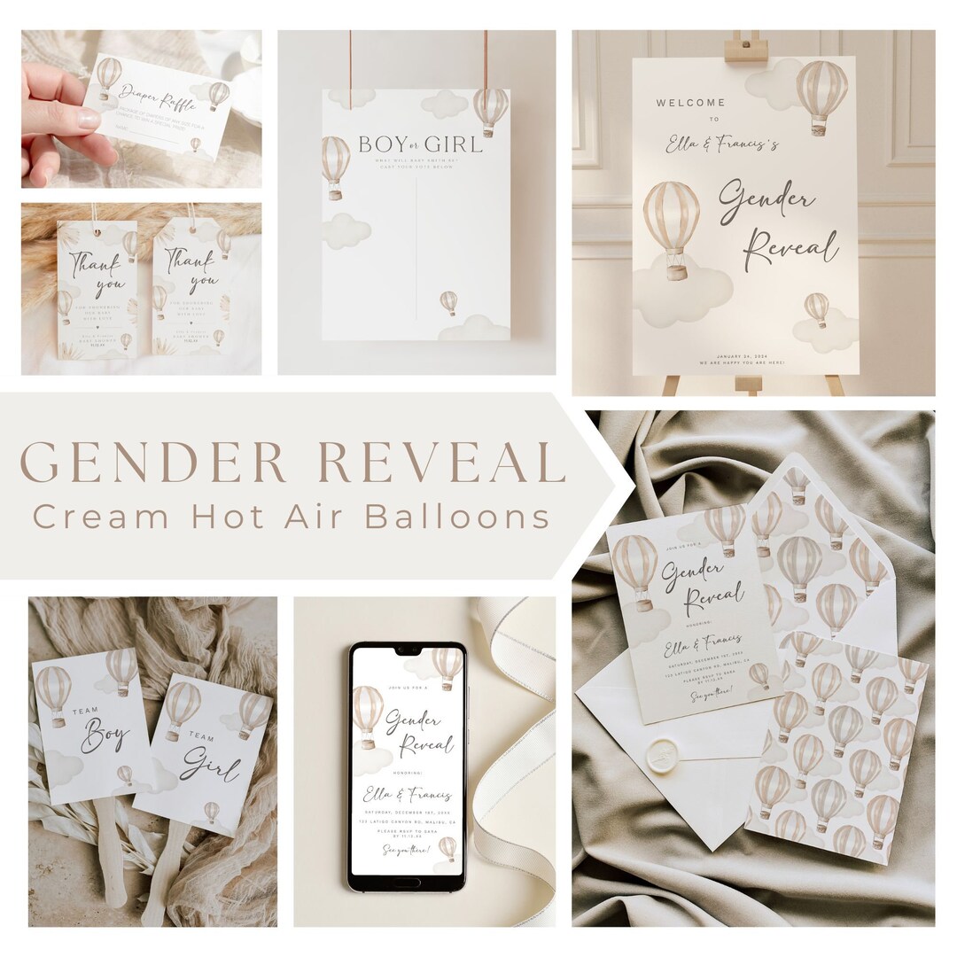 Editable Gender Reveal Cream Hot Air Balloons Template Bundle Boho ...