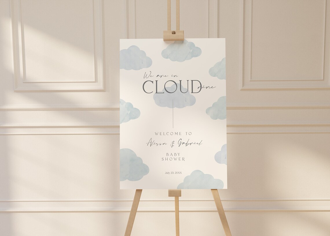 Clouds Baby Shower Welcome Sign Printable Dusty Blue Decorations in the ...