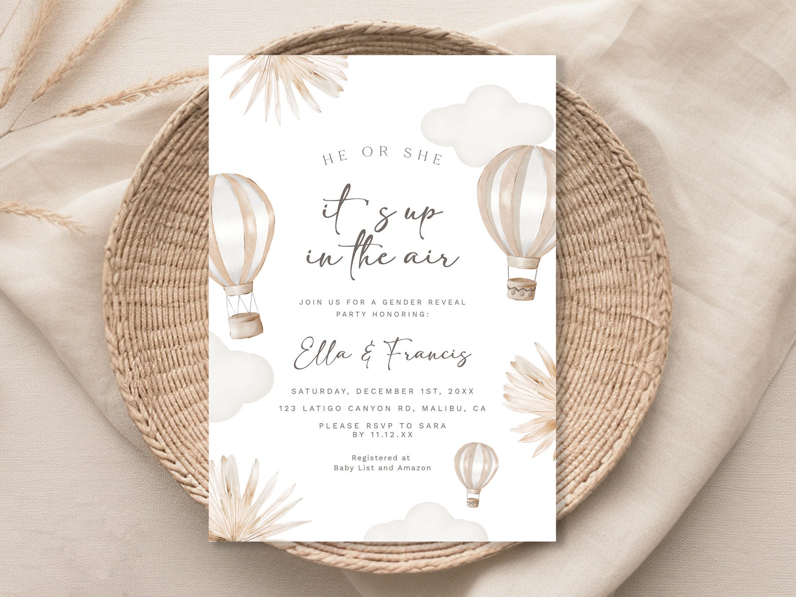 Editable is up in the Air Invitation Cream Hot Air Balloons Gender ...