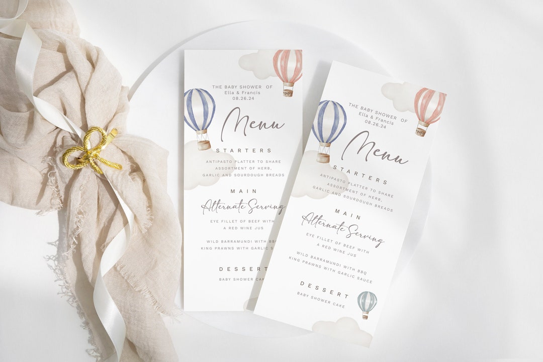 Editable Hot Air Balloon Menu Card Printable Template Bundle Oh Baby ...