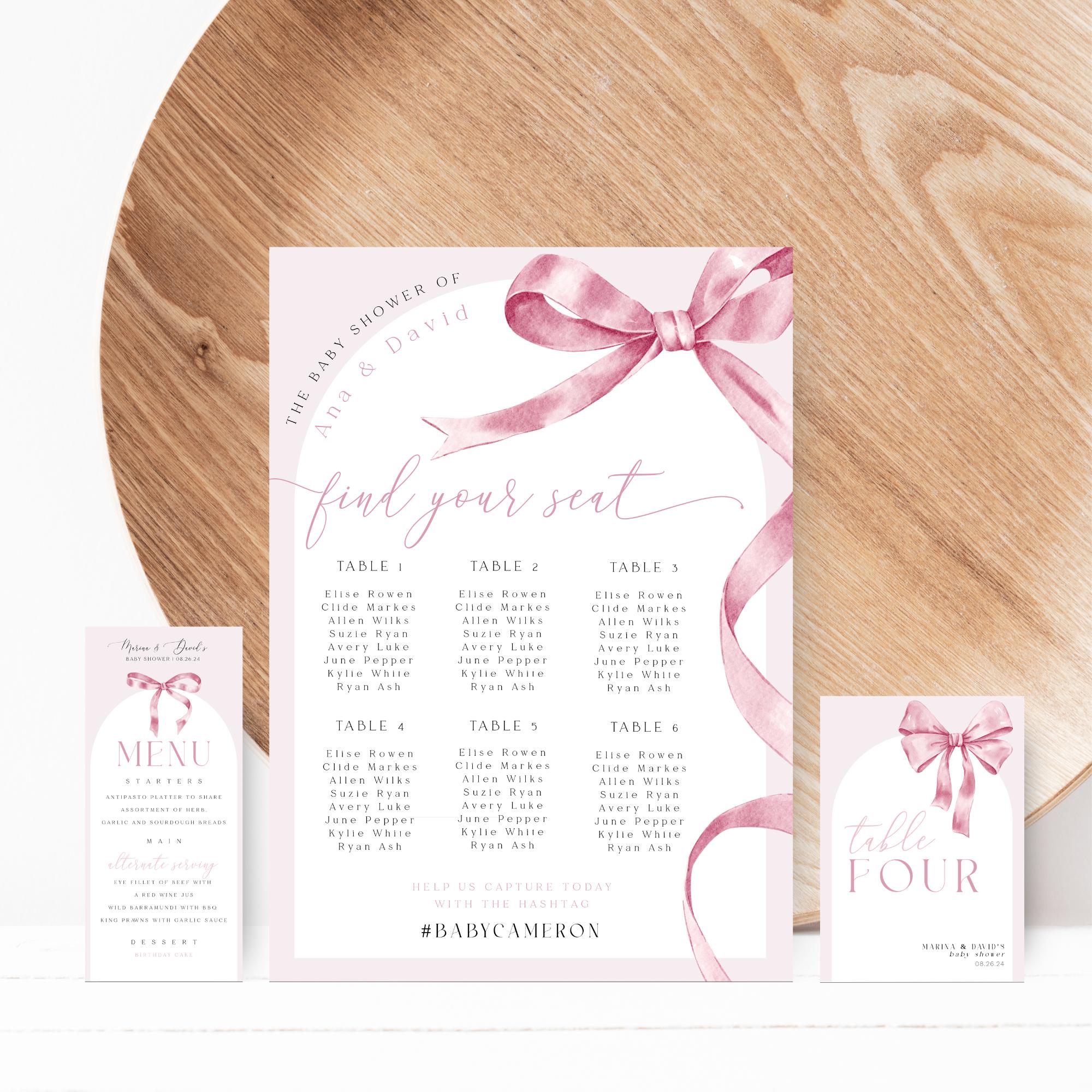 Editable Coquette Bow Seating Cards Printable Baby Shower Table Number ...
