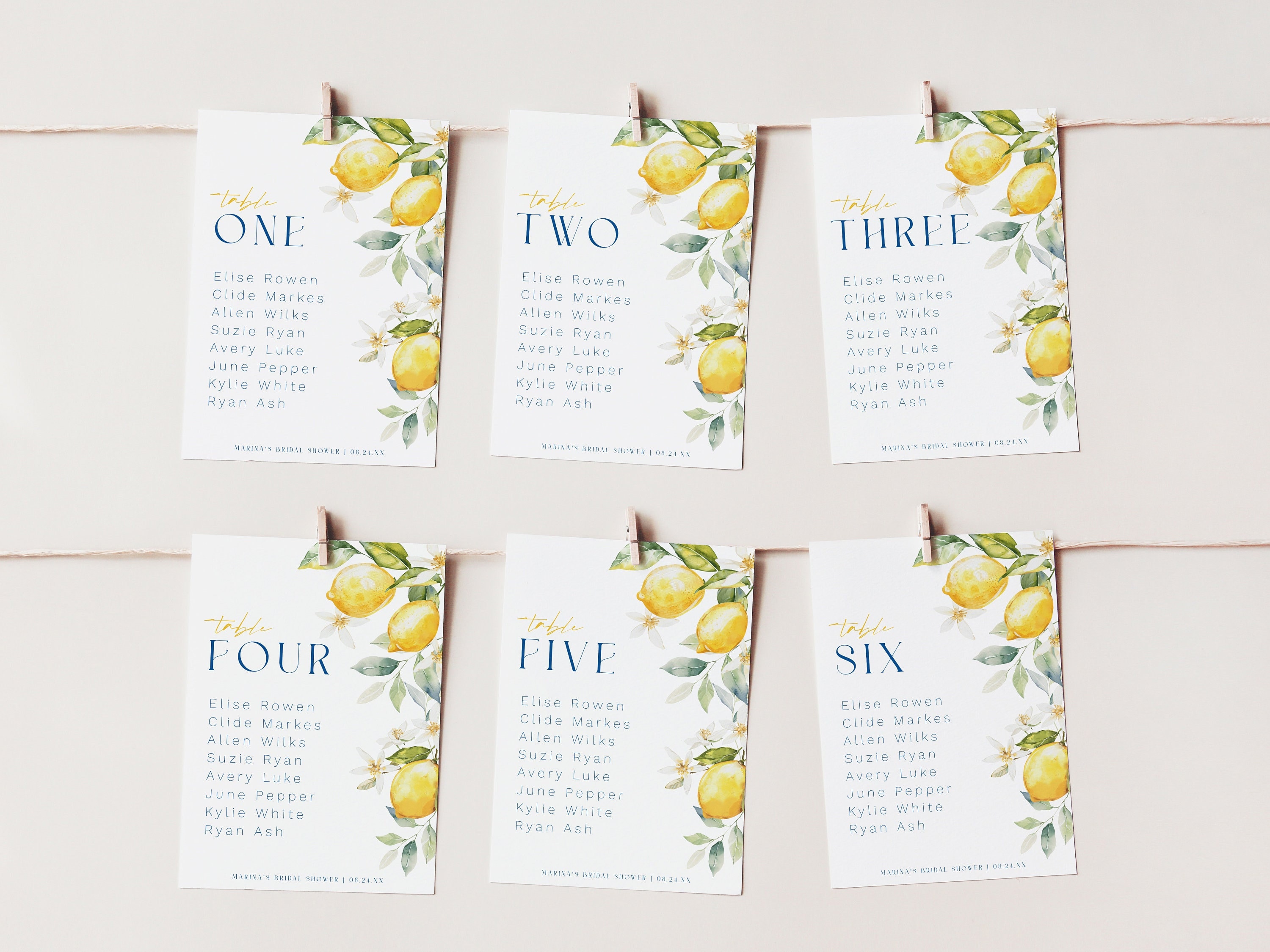 Editable Seating Chart Cards Lemon Bridal Shower Printable Amalfi Table ...