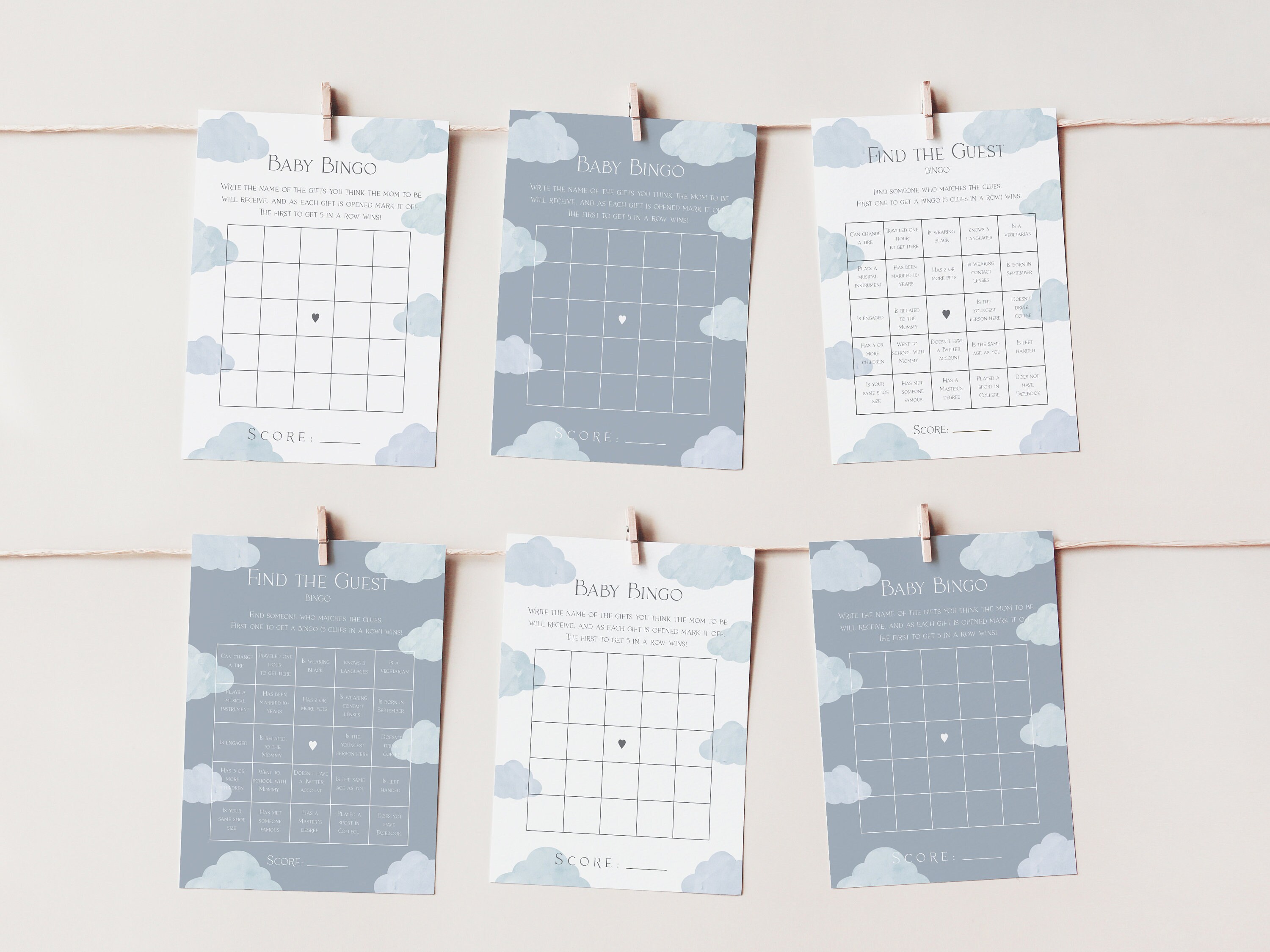 Editable Clouds Baby Shower Bingo Cards Bundle in Cloud Nine Baby Bingo Printable Baby Shower ...