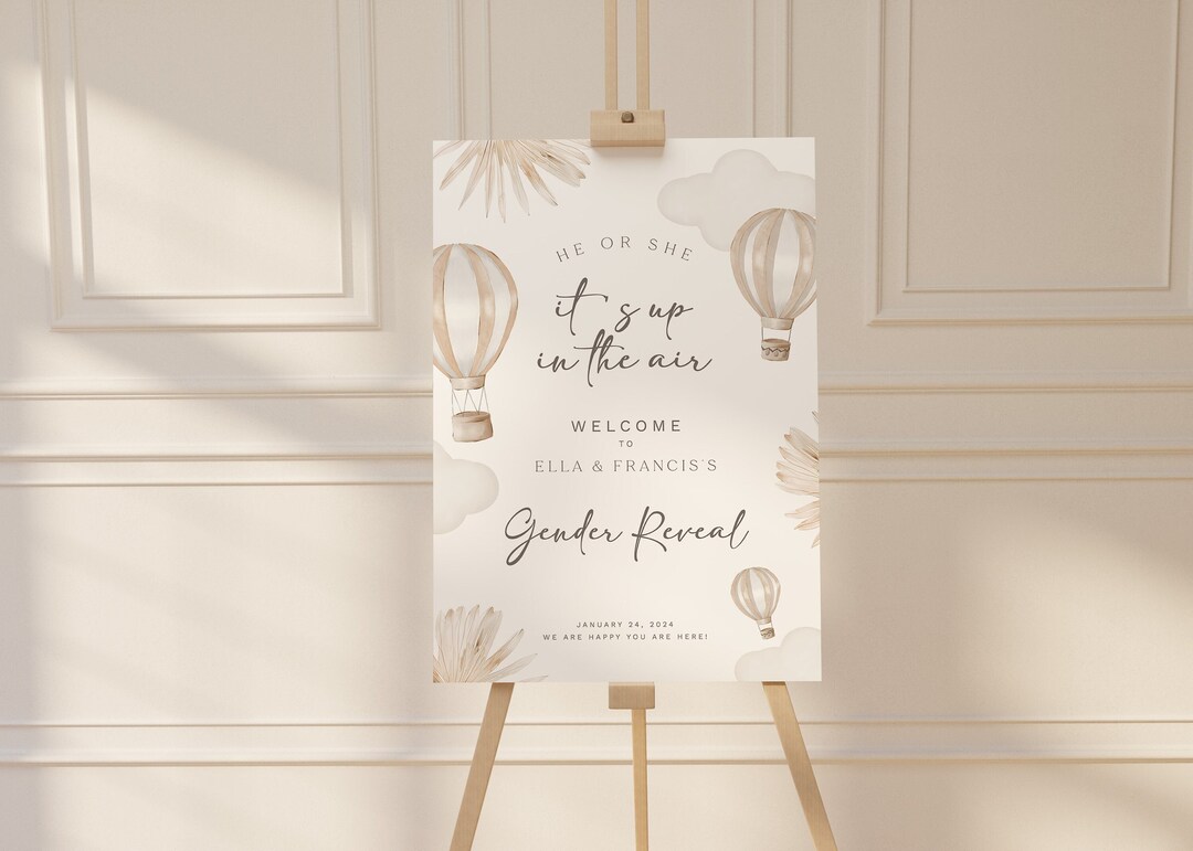 Editable Welcome Sign Cream Hot Air Balloons With Boho Leaves Gender ...