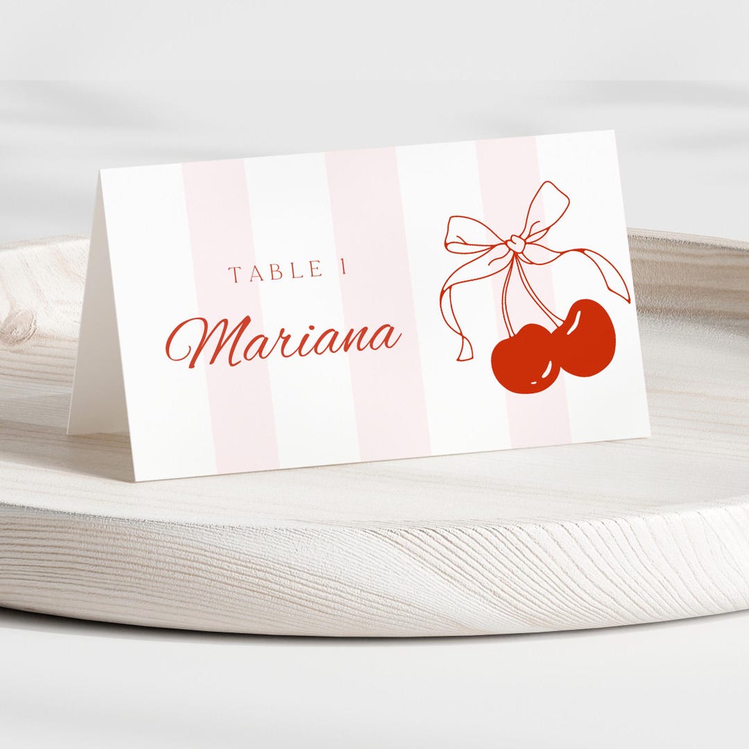 Editable Cherry Placement Card Printable Pink and White Stripes Cherry ...