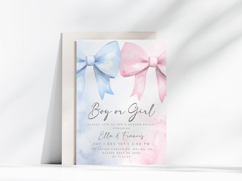 Editable Classic Gender Reveal Invitation Printable Coquette Bow Gender ...
