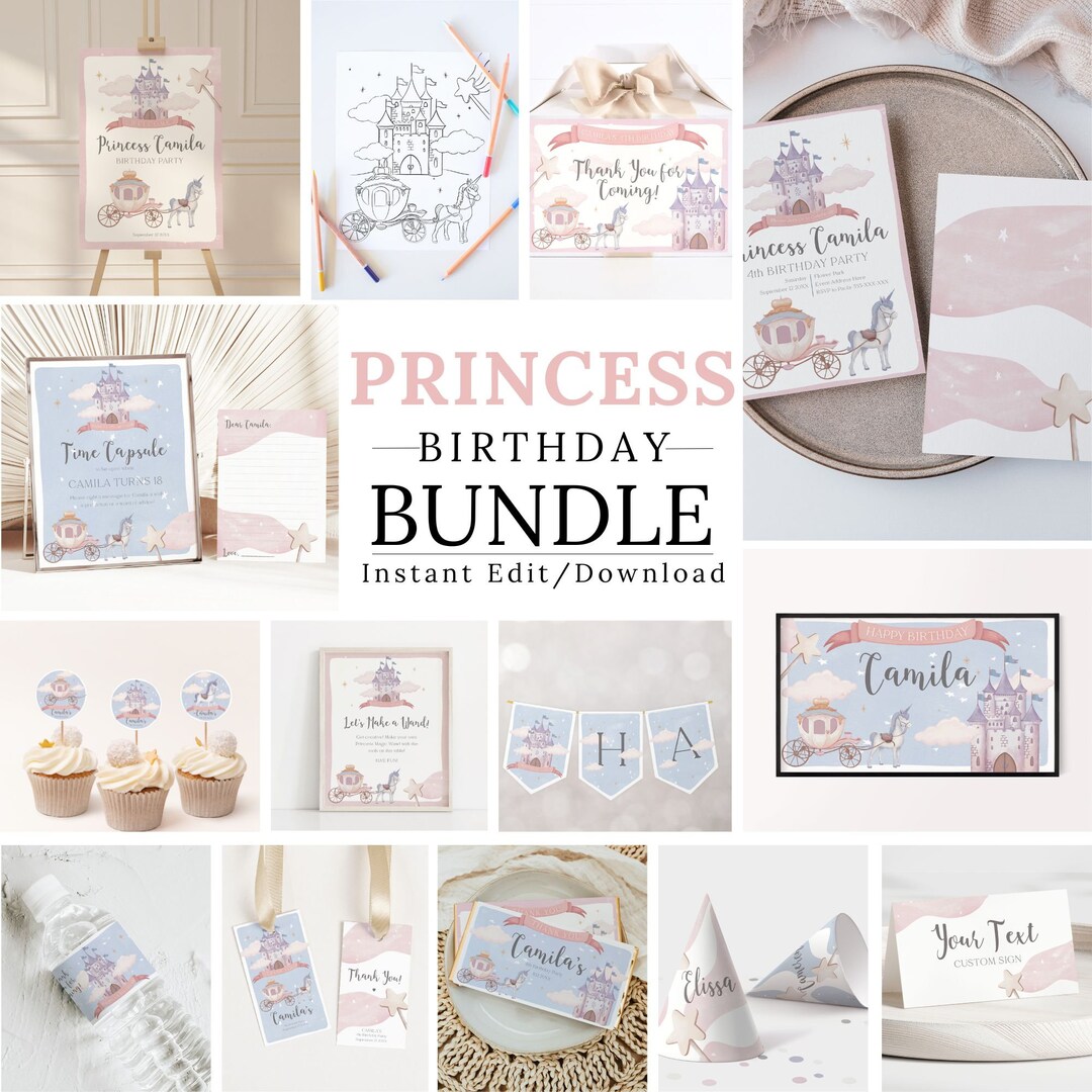 Editable Princess Birthday Bundle Printable Set Blush Pink and Dusty ...