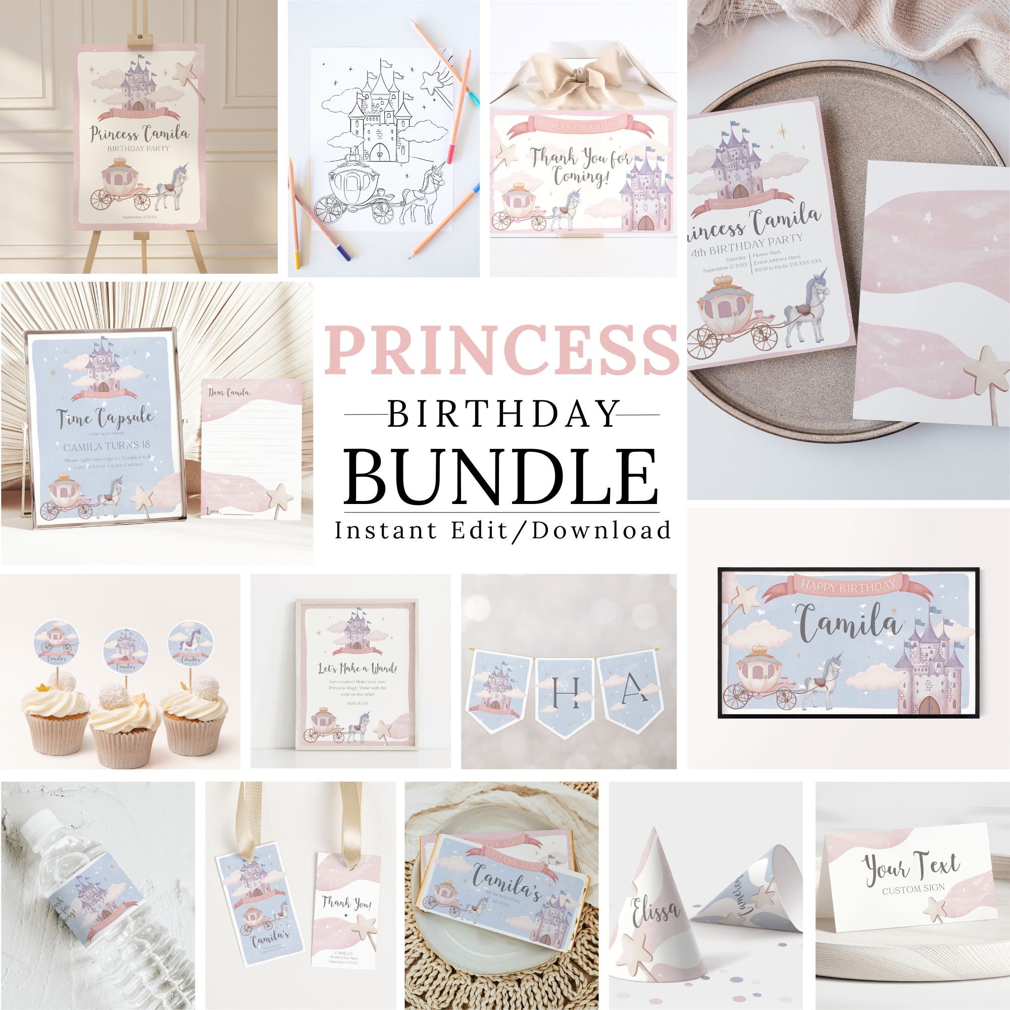 Editable Princess Birthday Bundle Printable Set Blush Pink and Dusty ...