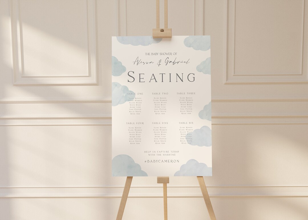 Editable Clouds Baby Shower Seating Chart Printable Sign Dusty Blue ...