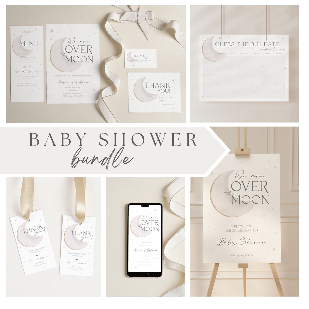 Editable Over the Moon Theme Baby Shower Bundle Printable Half Moon and ...