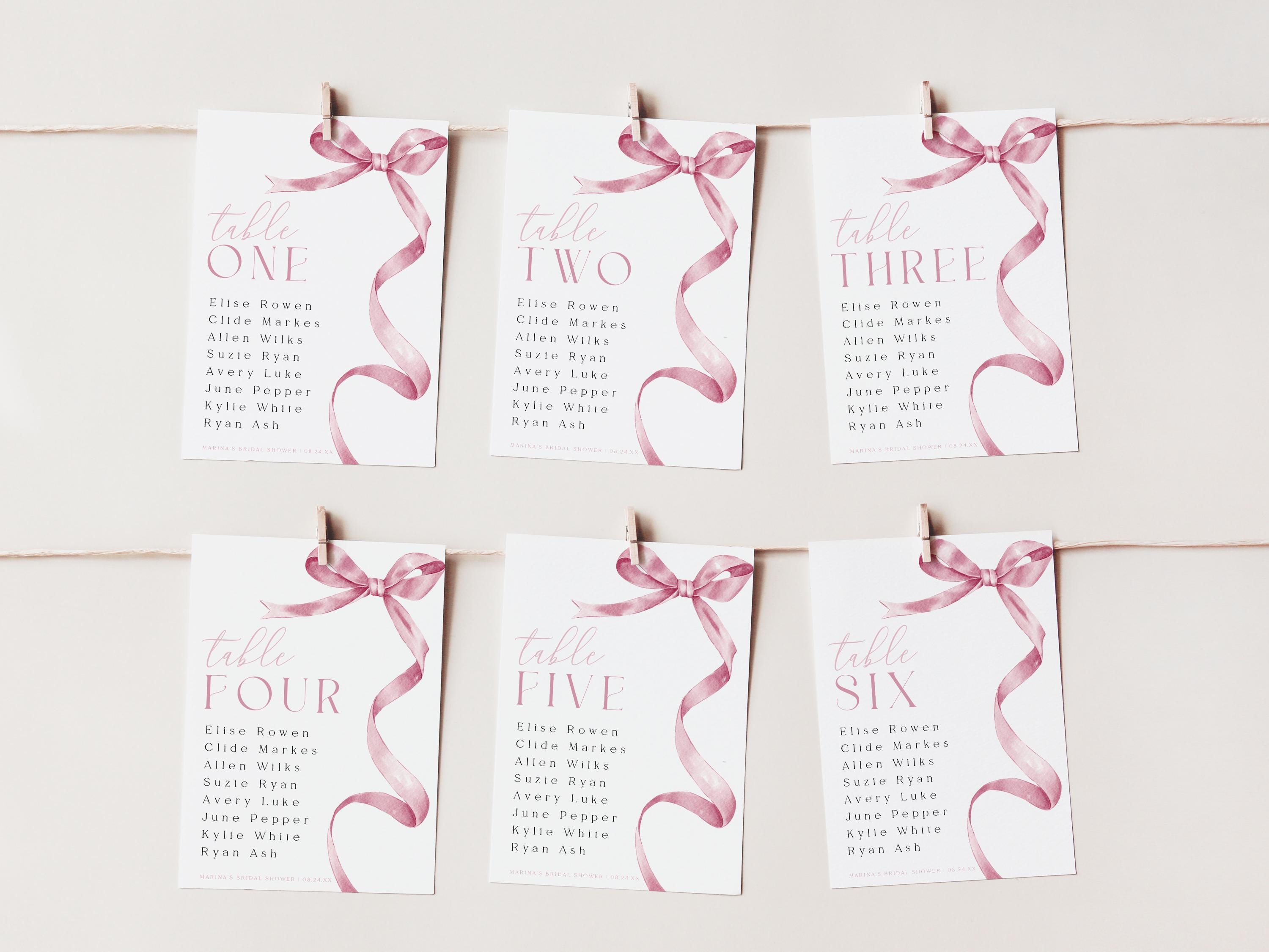 Editable Coquette Bow Seating Cards Printable Baby Shower Table Number ...