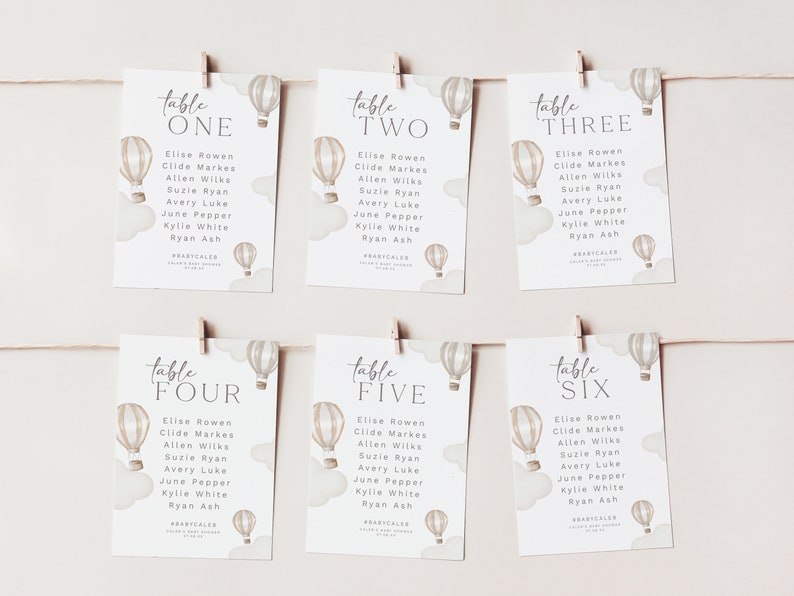 Editable Seating Chart and Table Number Sign Cream Hot Air Balloons ...