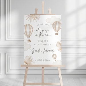 Editable Welcome Sign Cream Hot Air Balloons With Boho Leaves Gender ...