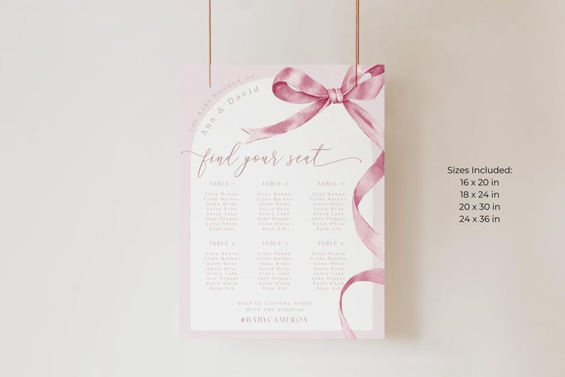 Editable Coquette Seating Chart Sign Printable Pink Bow Baby Shower ...