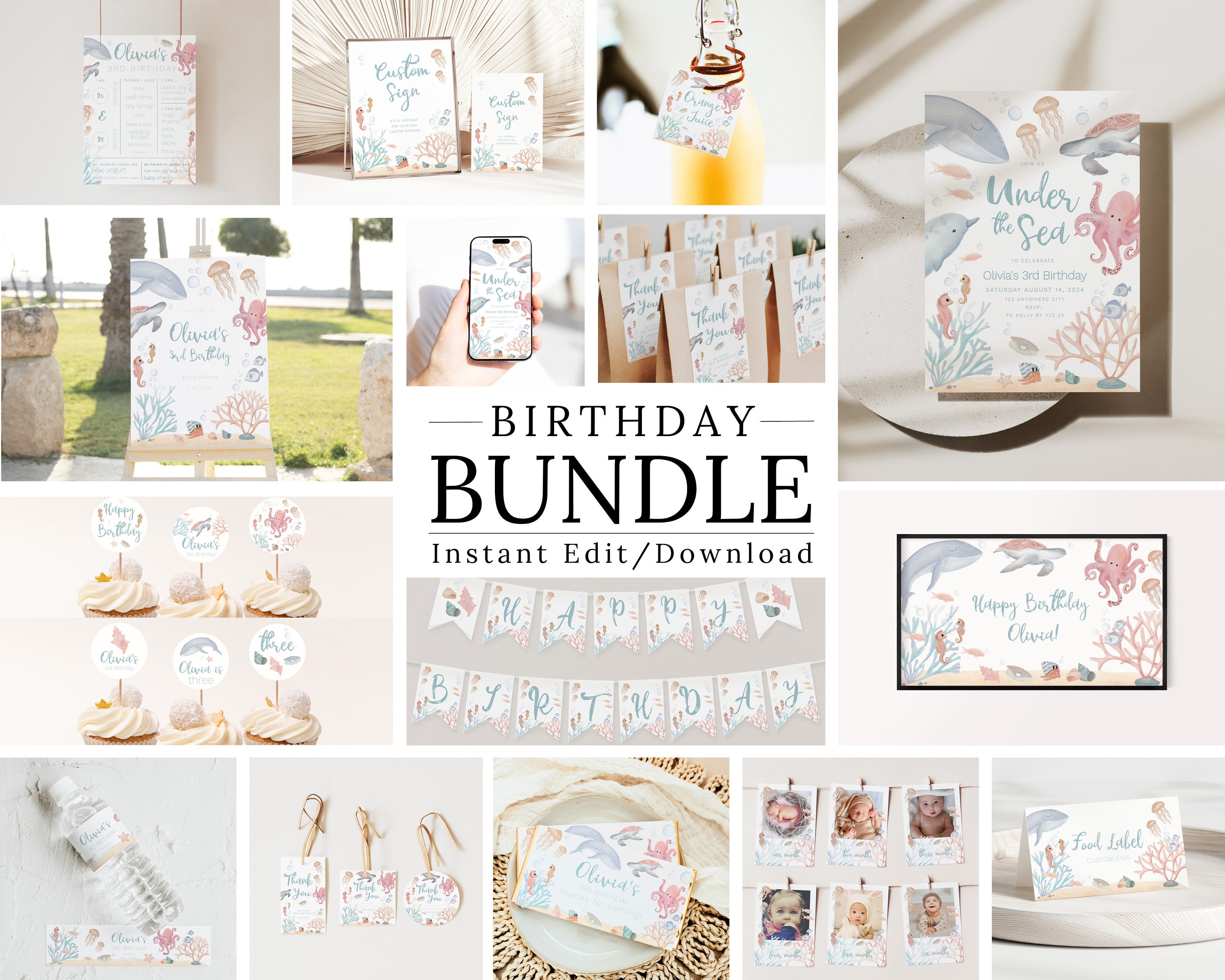 Editable Under the Sea Birthday Bundle Printable Invitation and Party ...