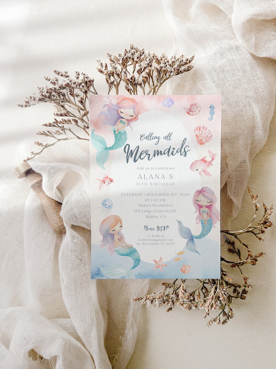 Editable Mermaid Birthday Invitation: Under the Sea Party (digital ...