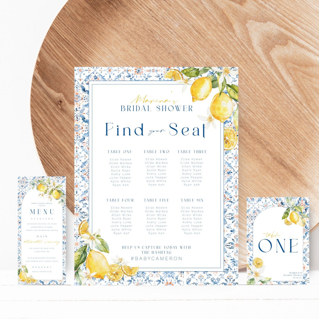 Editable Lemons Bridal Shower Dining Set Amalfi Menu Card Citrus ...