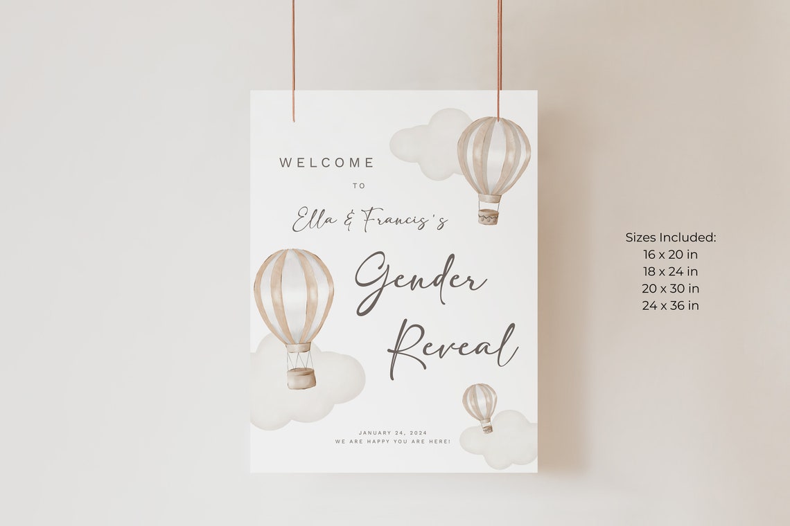 Editable Gender Reveal Welcome Sign Cream Hot Air Balloons Printable ...