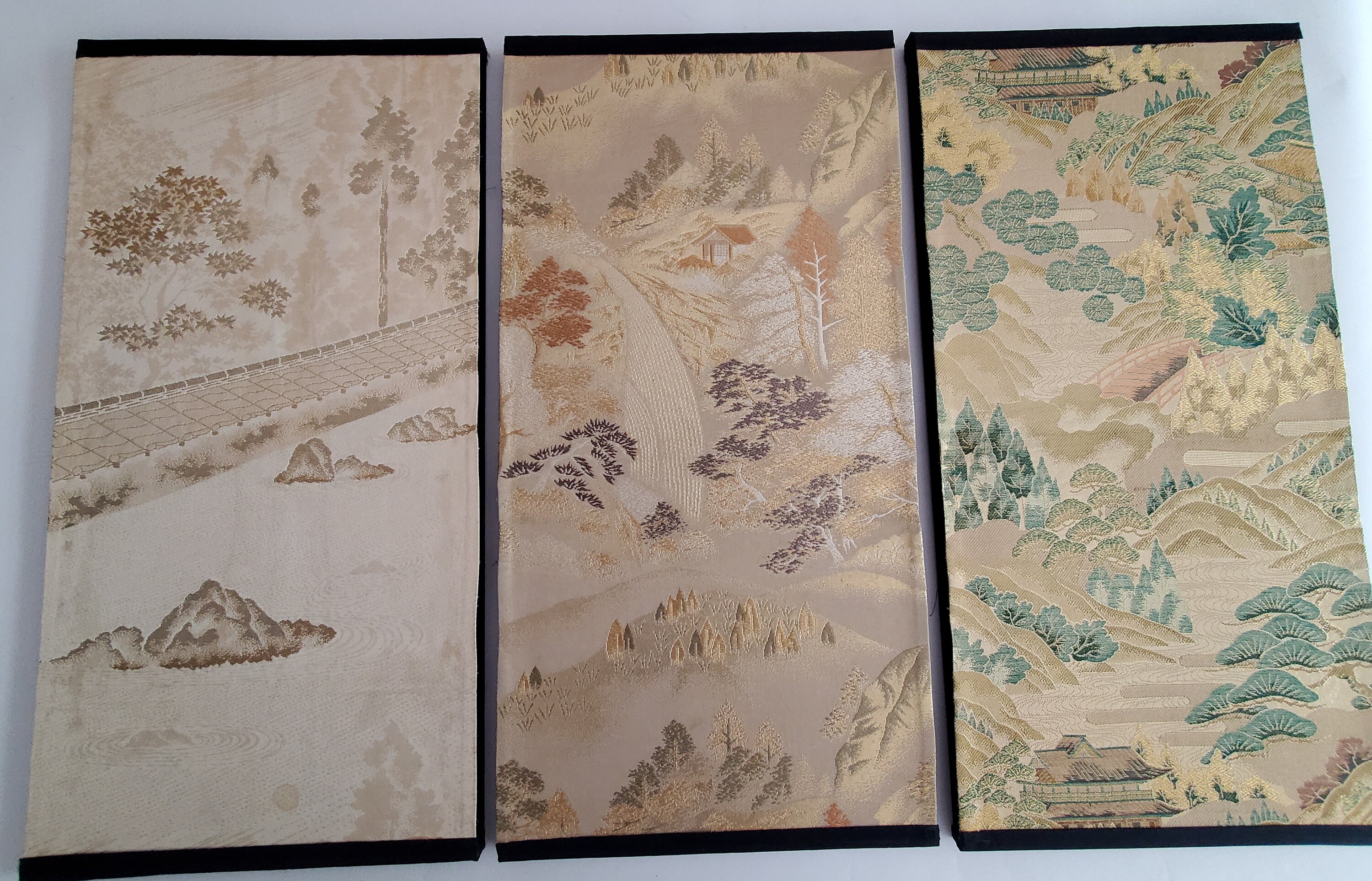 Curated Set of Three 12” X 24” Obi Sash Pieces Glued to a Stretched ...