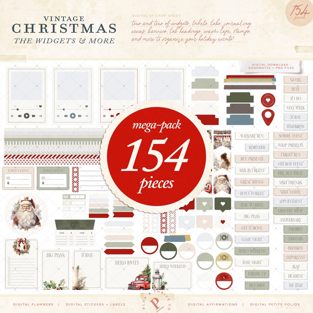 Vintage Christmas Widgets & Digital Sticker Sheet Mega Pack for Festive ...