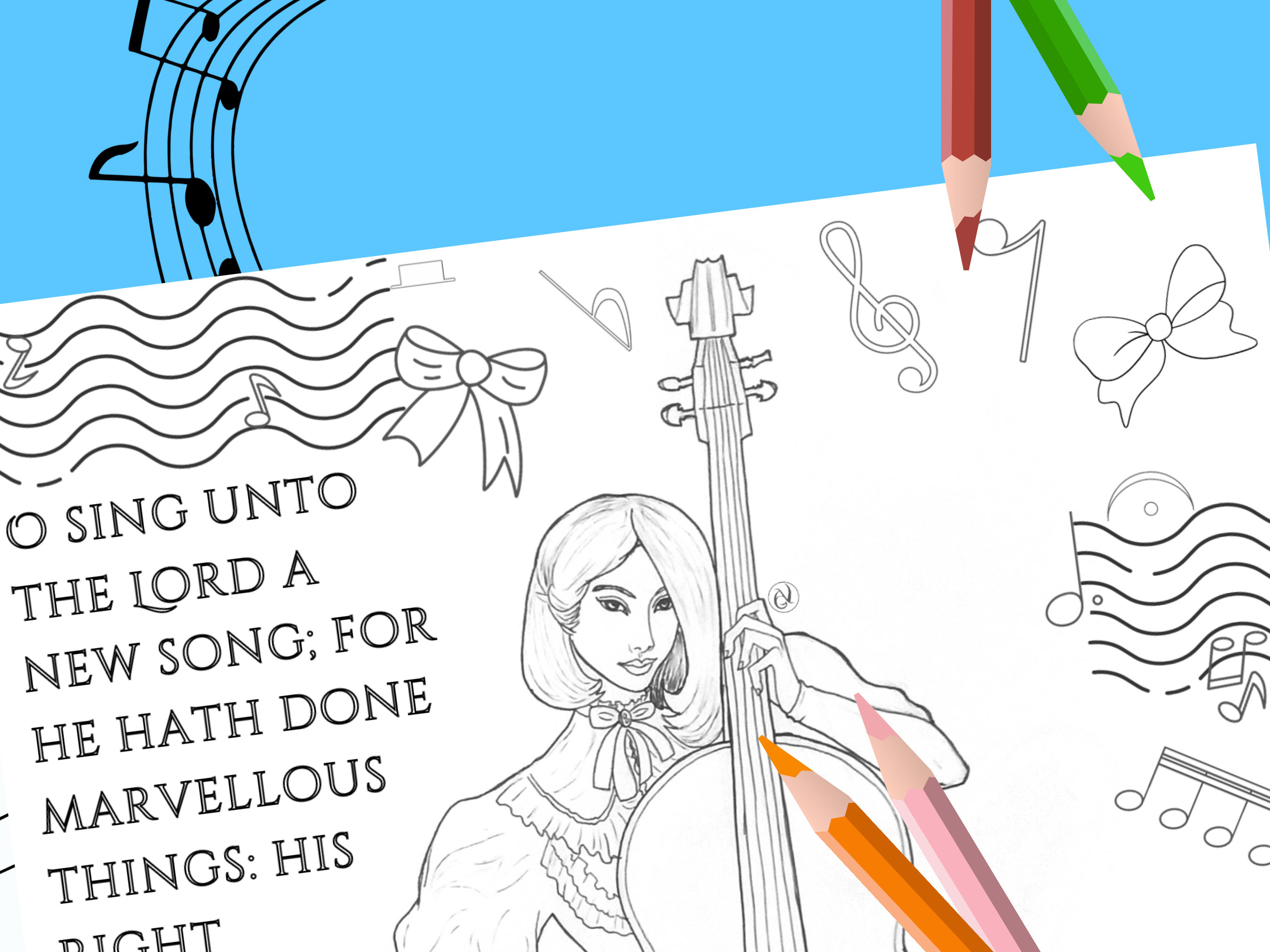 Psalm of the Cello • Bible Verse • Music • Line Drawing • Coloring Page ...