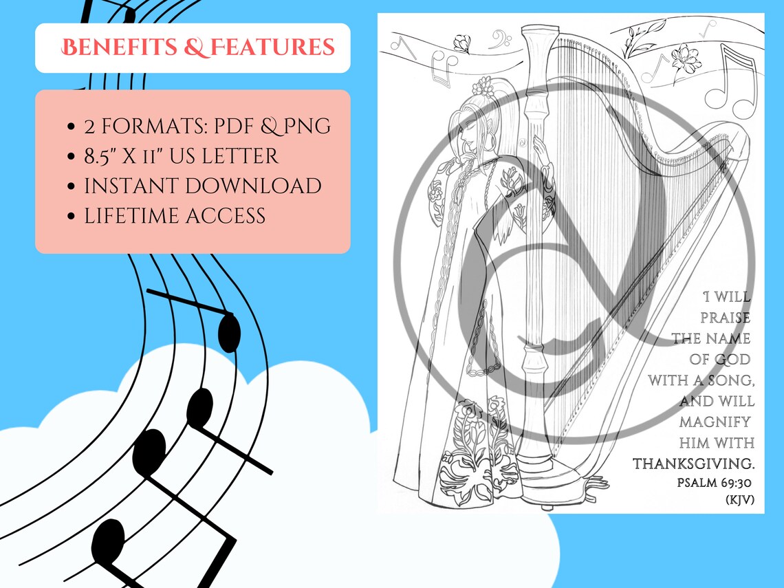 Psalm of the Harp • Bible Verse • Music • Line Drawing • Coloring Page ...