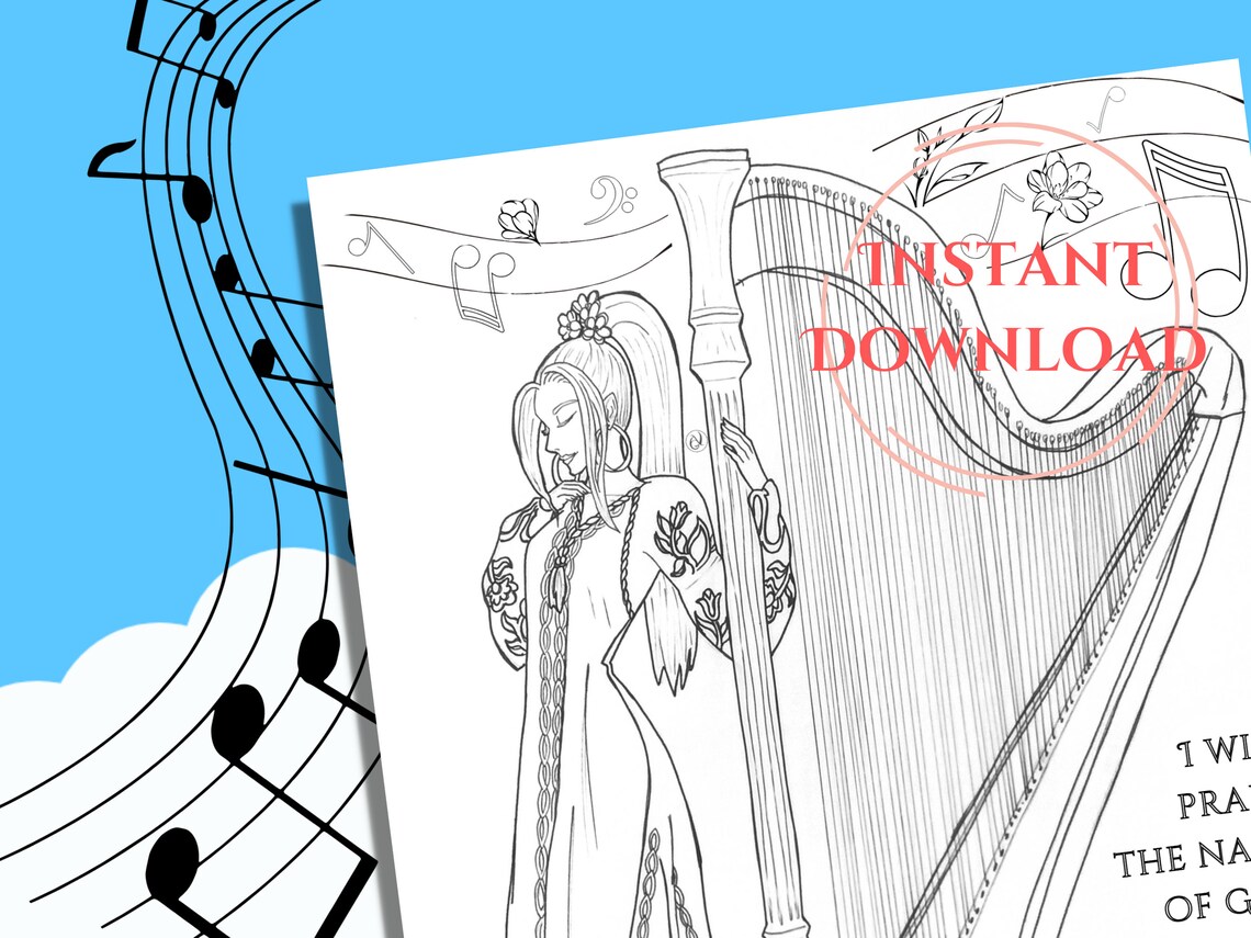 Psalm of the Harp • Bible Verse • Music • Line Drawing • Coloring Page ...