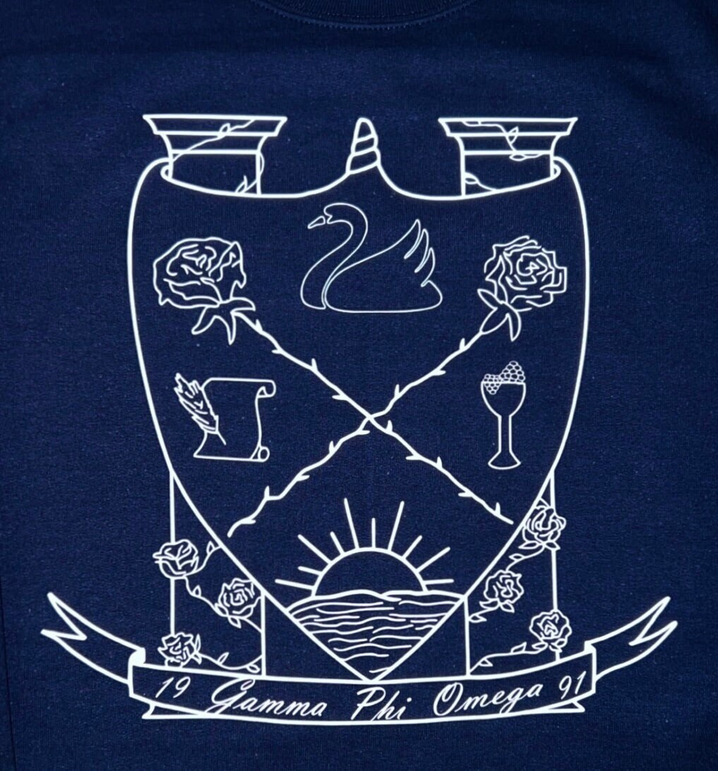 Gamma Phi Omega Navy Crest Shirt, Gamma Phi Omega Crest Navy Pull Over, Gamma Phi Omega Crest ...