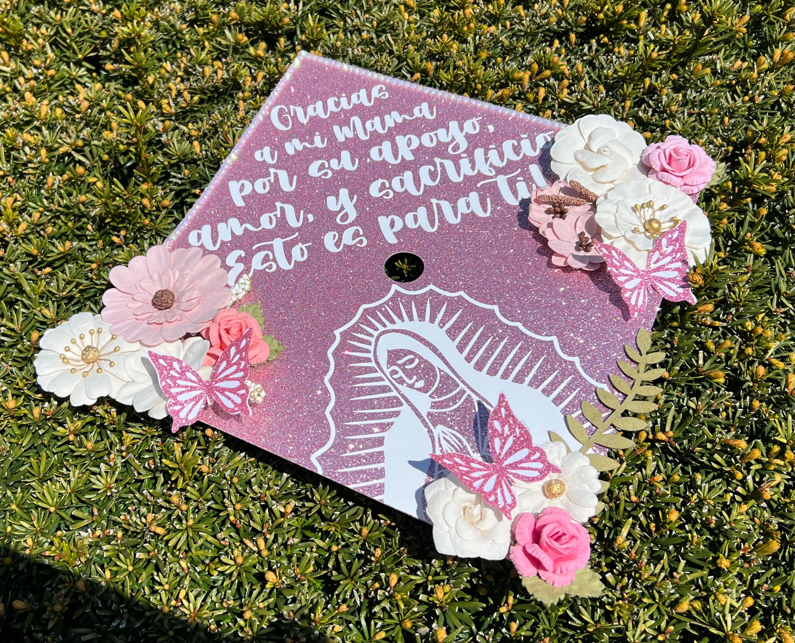 Virgin Mary Pink Glitter Graduation Cap Topper, Spanish Cap Topper ...