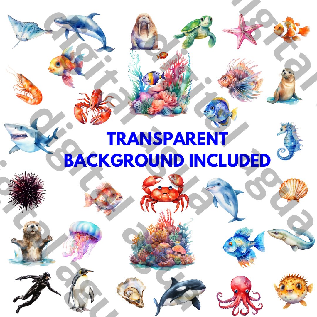 Watercolor Sea Life Clipart - Ocean Clipart - PNG Instant Download ...